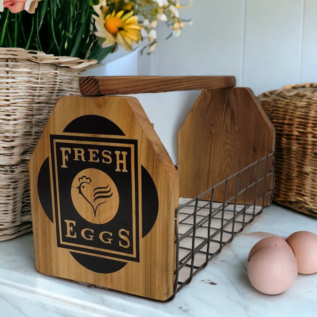 Wooden Wire Egg Basket Fresh Eggs Folk Art Harvest Basket Kitchen Gift ...