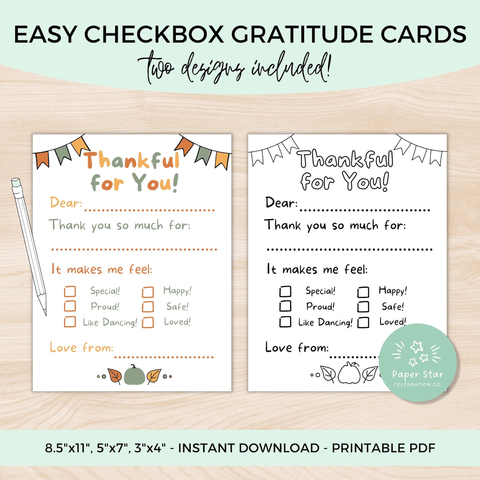 Easy Printable Check Box Gratitude Cards for Kids | Cute Notecards for ...