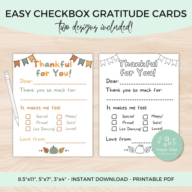 Easy Printable Check Box Gratitude Cards for Kids | Cute Notecards for ...