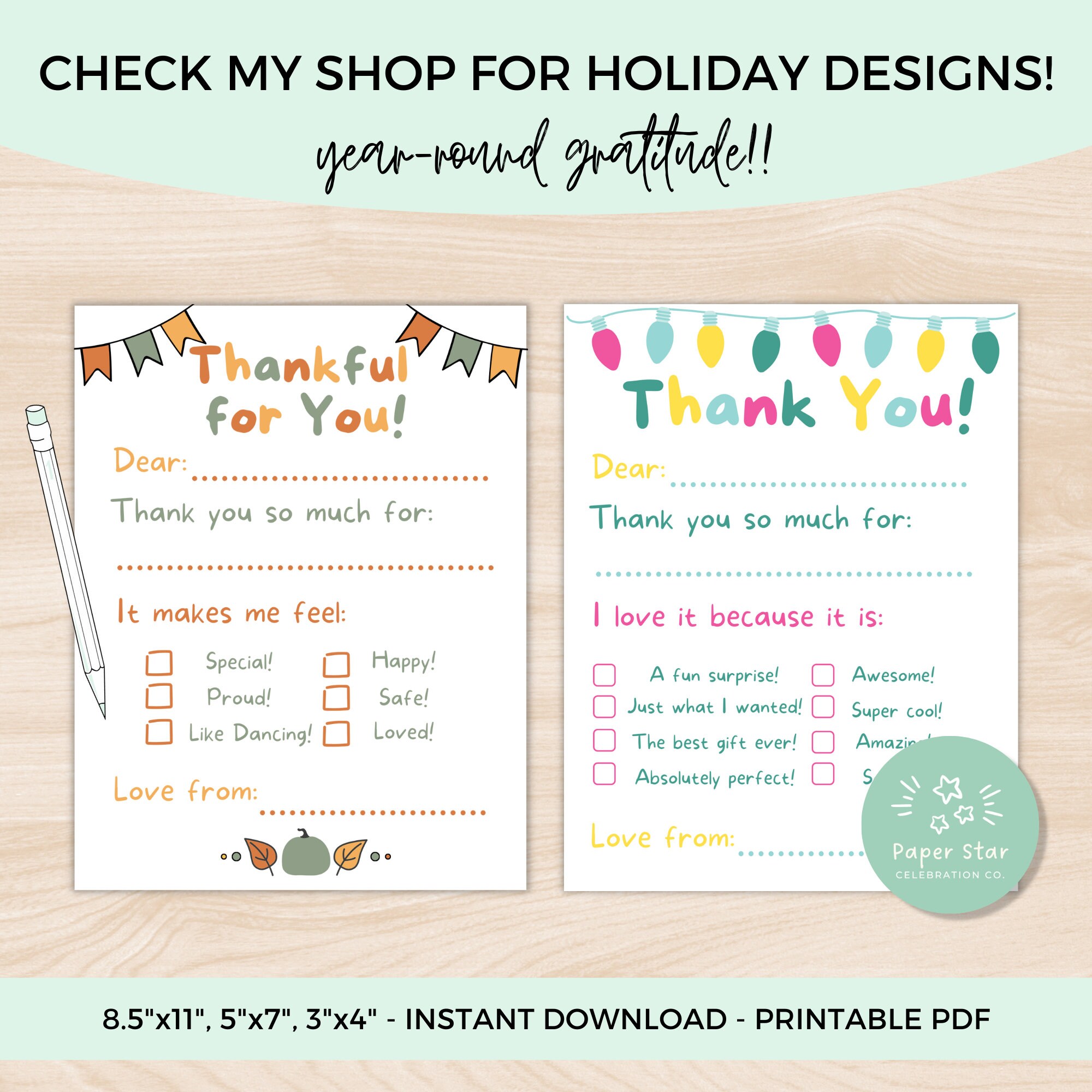 Easy Printable Fill-in Thank You Cards for Kids Cute Notecards for ...