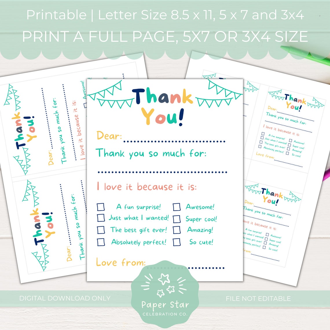 Easy Printable Fill-in Thank You Cards for Kids Cute Notecards for ...