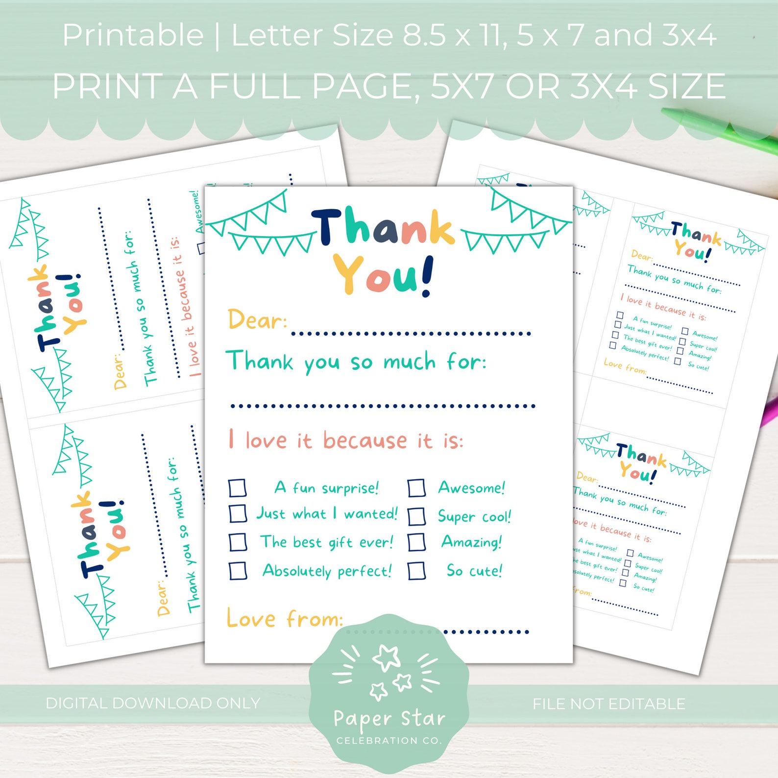 Easy Printable Fill-in Thank You Cards for Kids Cute Notecards for ...