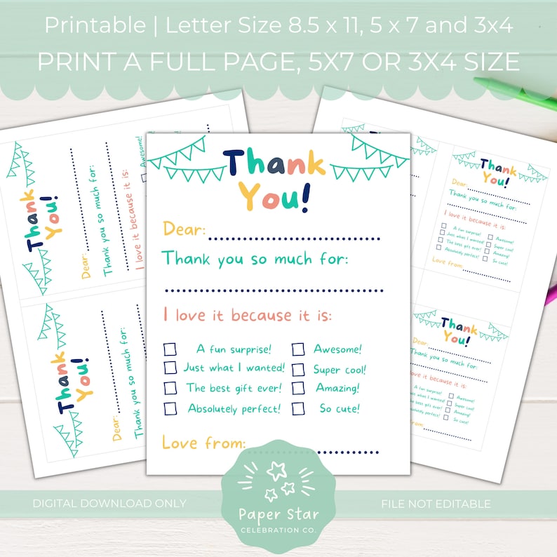 Easy Printable Fill-in Thank You Cards for Kids Cute Notecards for ...
