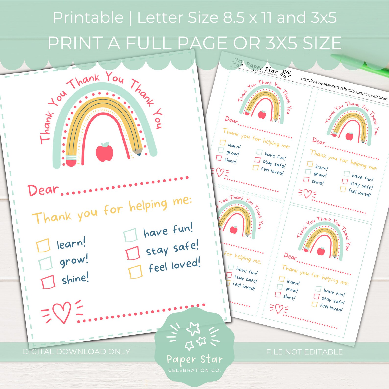 Printable Kids Teacher Appreciation Thank You Cards Fun and Colorful ...