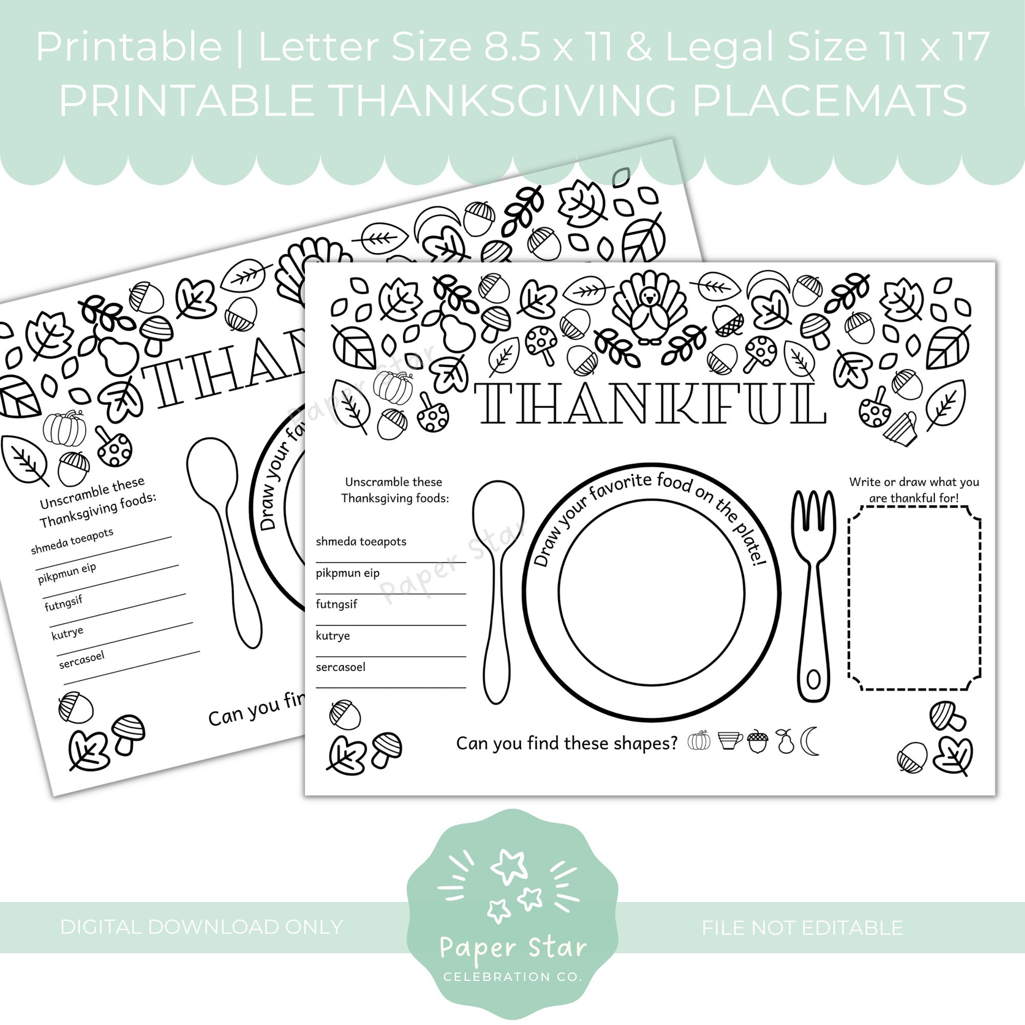 Thanksgiving Kids' Activity Placemat: Coloring Page (digital Download ...