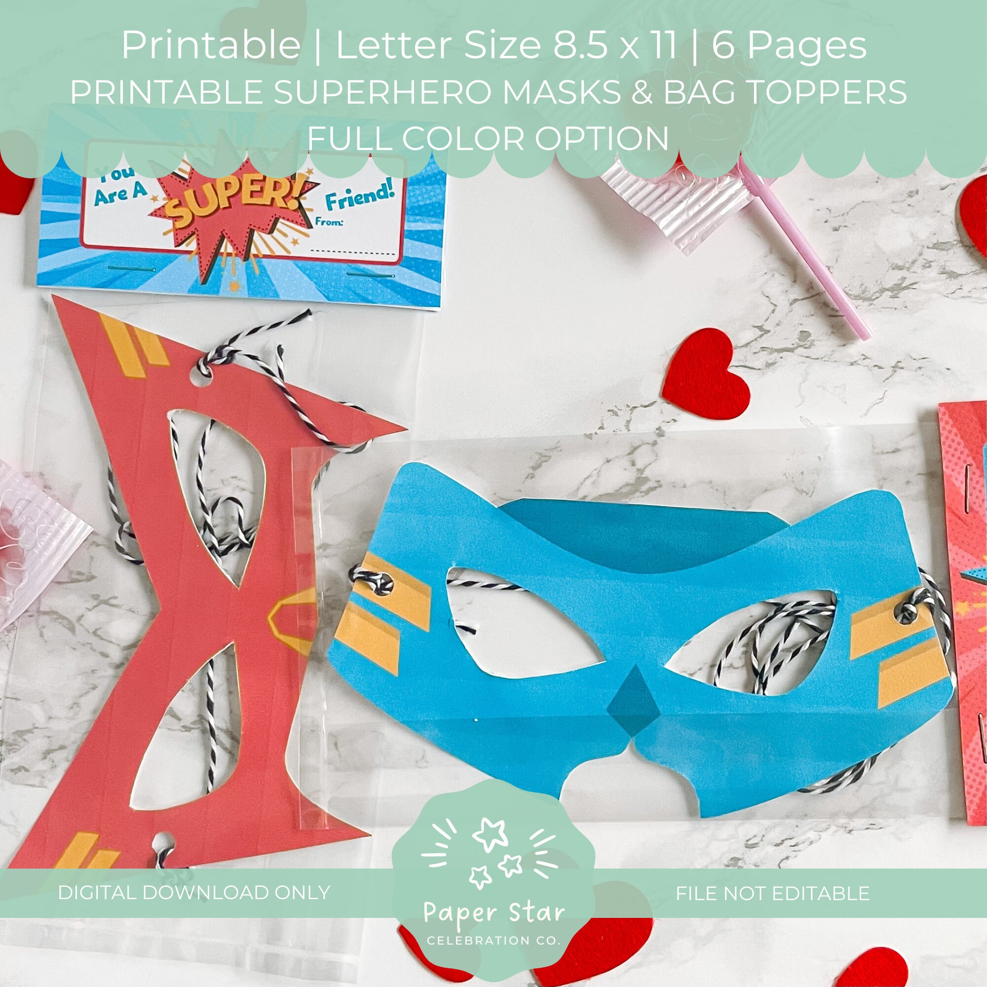 Printable Superhero Masks & Bag Toppers Class Valentines Treat Bag ...