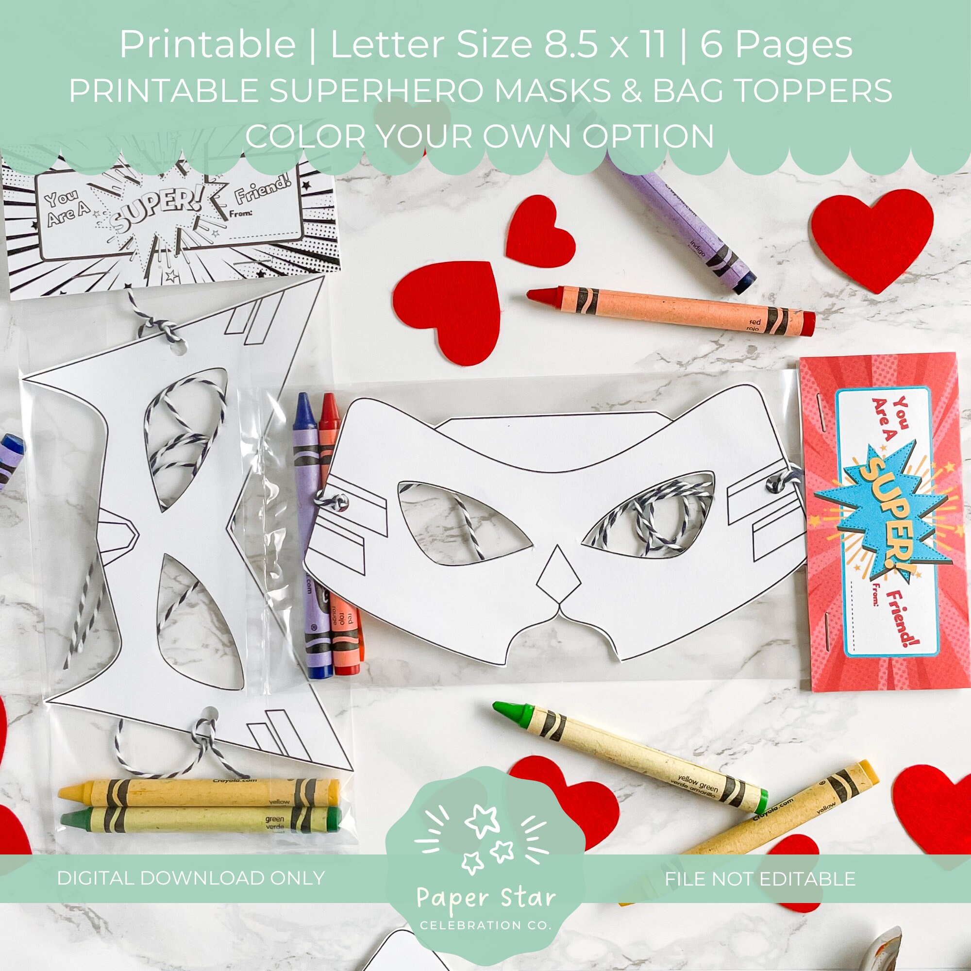Printable Superhero Masks & Valentines Treat Bag Toppers (digital ...