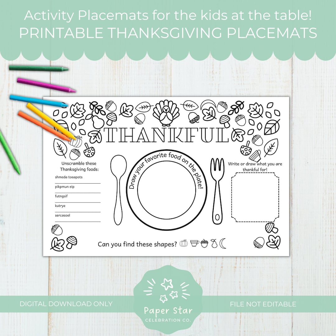 Printable Kids Thanksgiving Coloring Placemat | Thanksgiving Activity ...