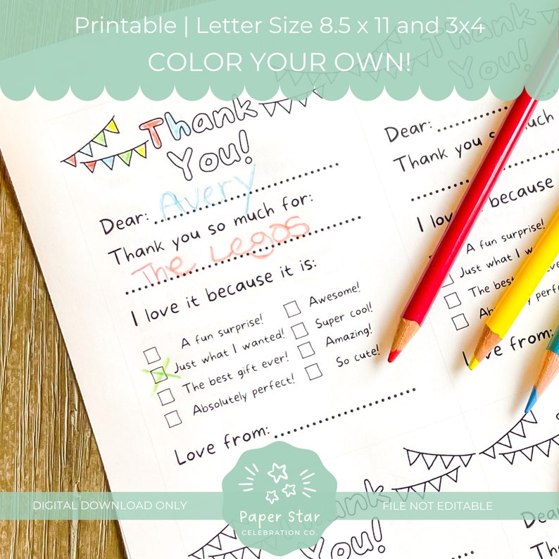 Easy Printable Fill-in Thank You Cards for Kids Cute - Etsy