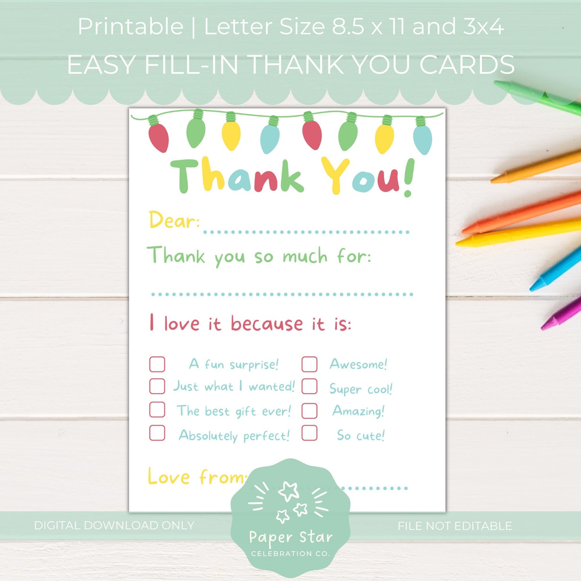 Easy Printable Fill-in Holiday Thank You Cards for Kids Cute Christmas ...