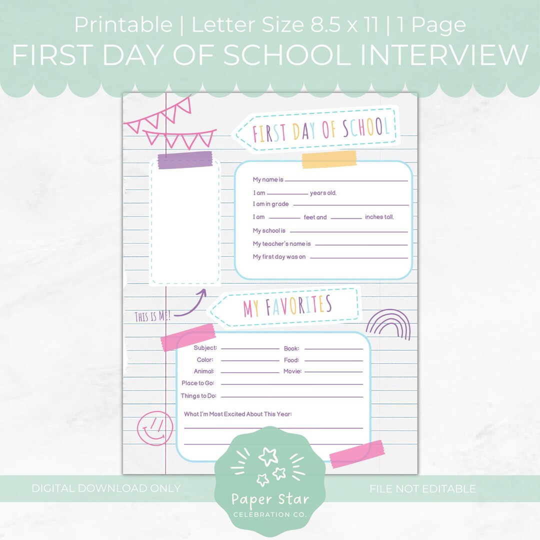 First Day of School Interview Printable Questionnaire (digital Download ...