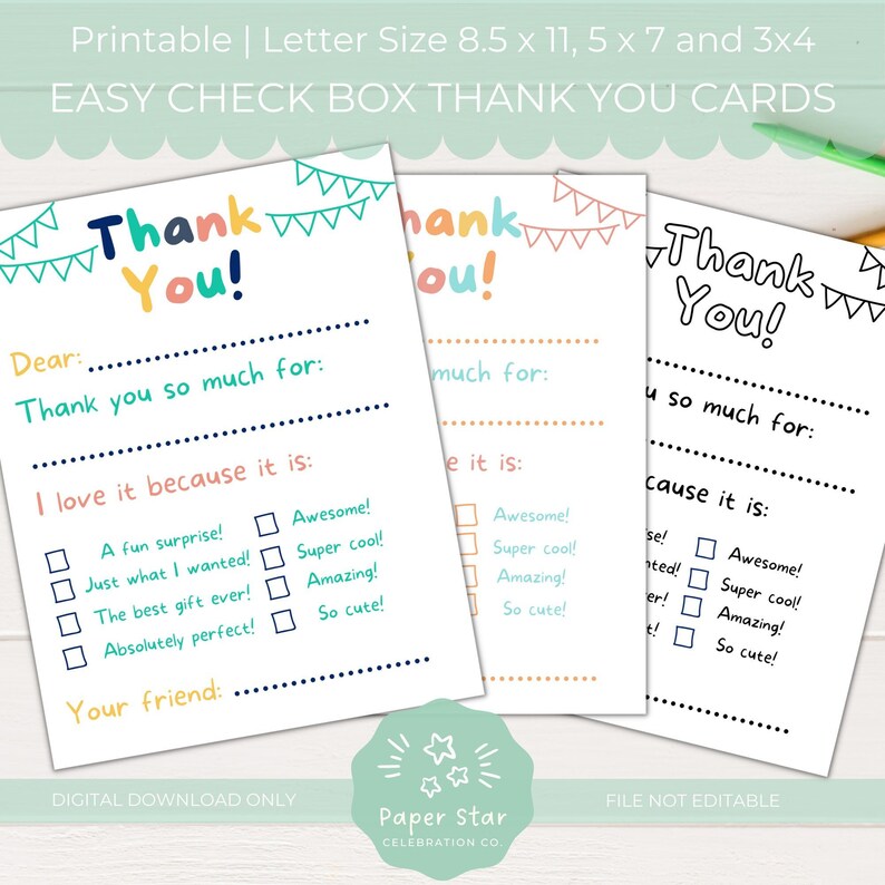 Easy Printable Fill-in Thank You Cards for Kids Cute Notecards for ...