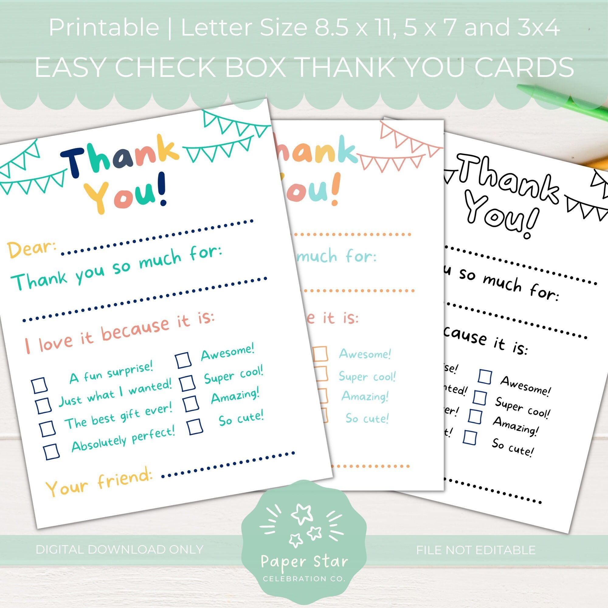 Easy Printable Fill-in Thank You Cards for Kids Cute Notecards for ...