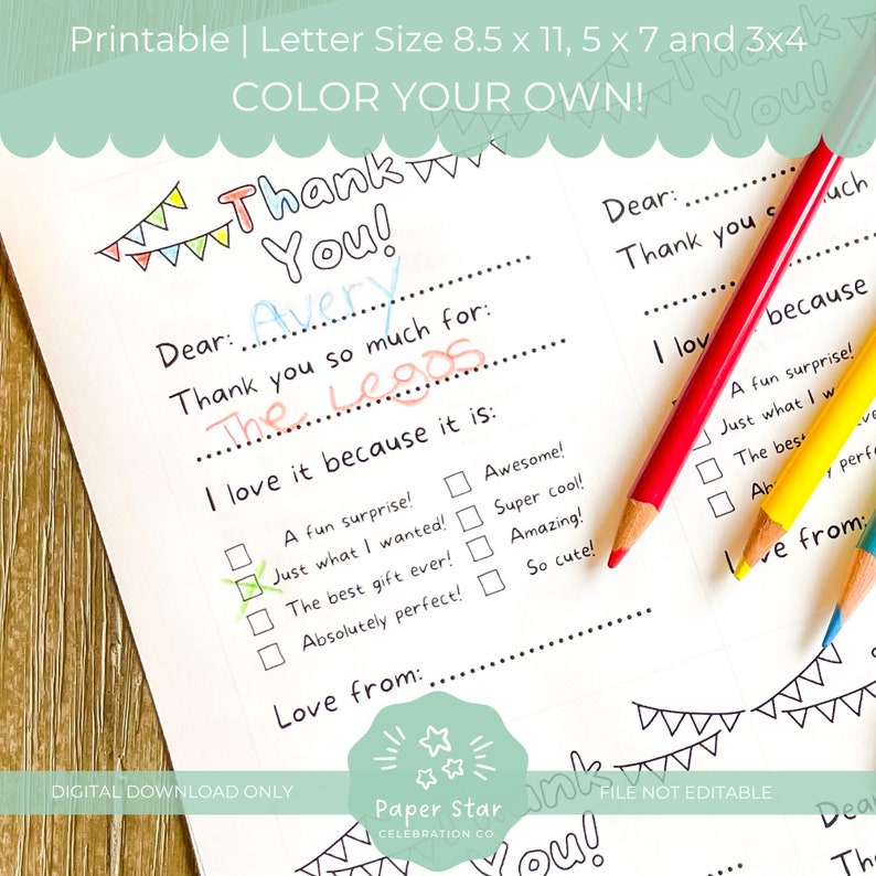 Easy Printable Fill-in Thank You Cards for Kids Cute Notecards for ...