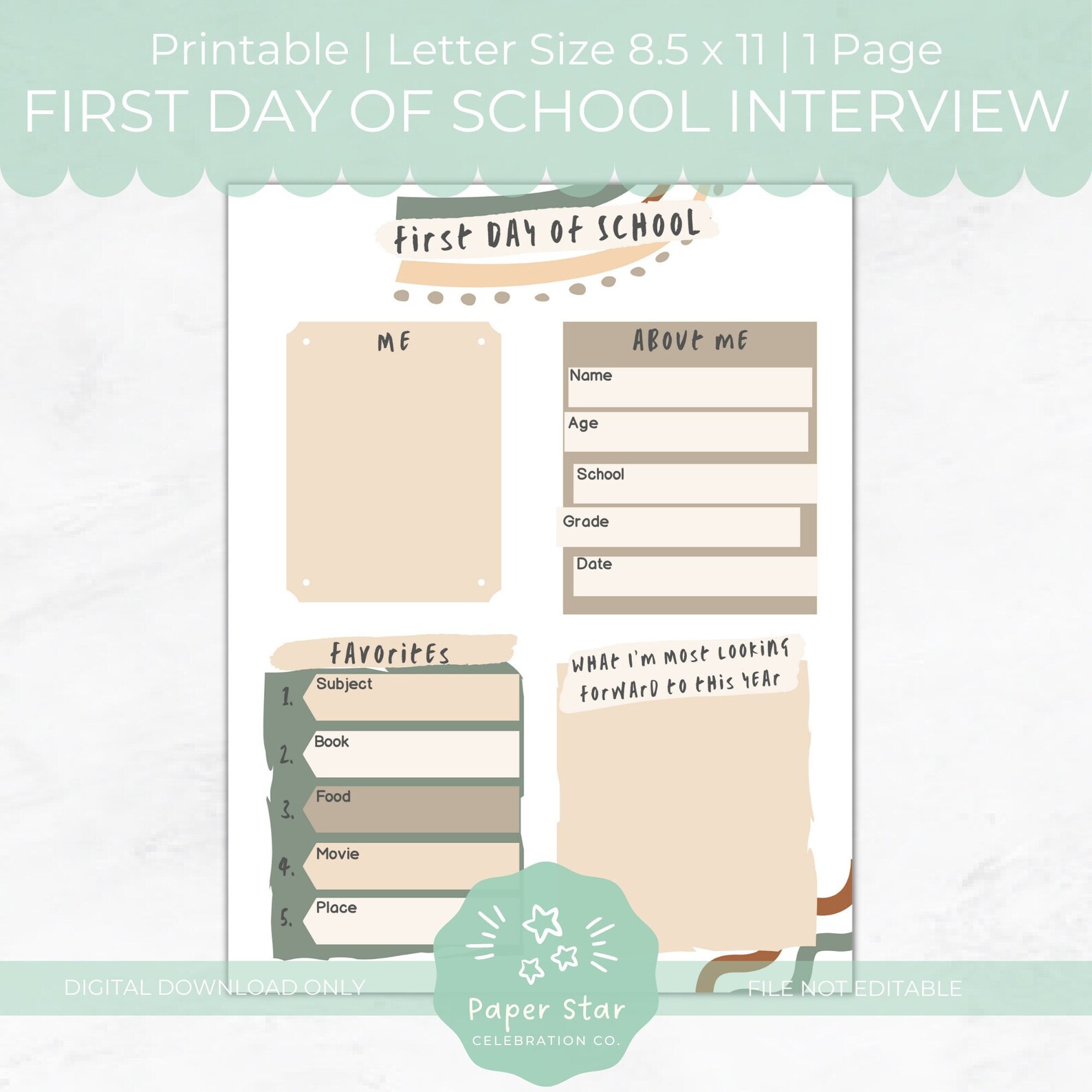 First Day of School Printable, Questionnaire, Interview, First Day ...