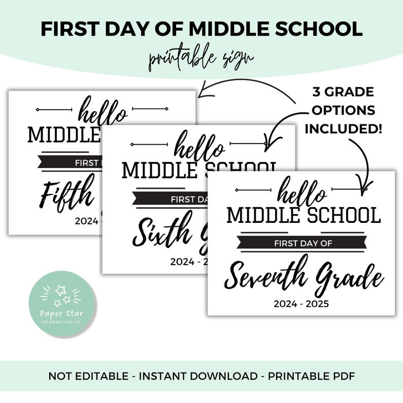 Middle School Photo Prop: First Day Sign, Grades 5-7 (digital Download ...