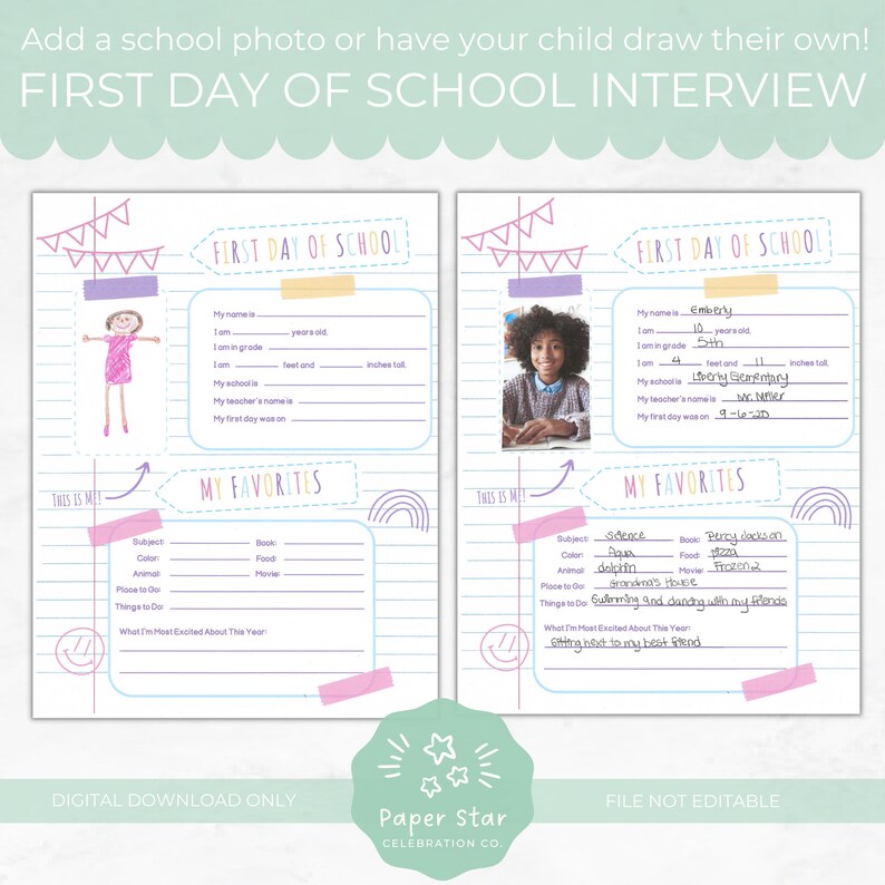 First Day of School Interview Printable Questionnaire (digital Download ...
