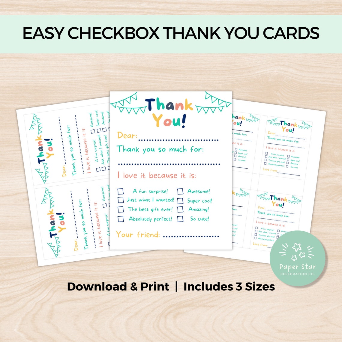 Easy Printable Fill-in Thank You Cards for Kids Cute Notecards for ...