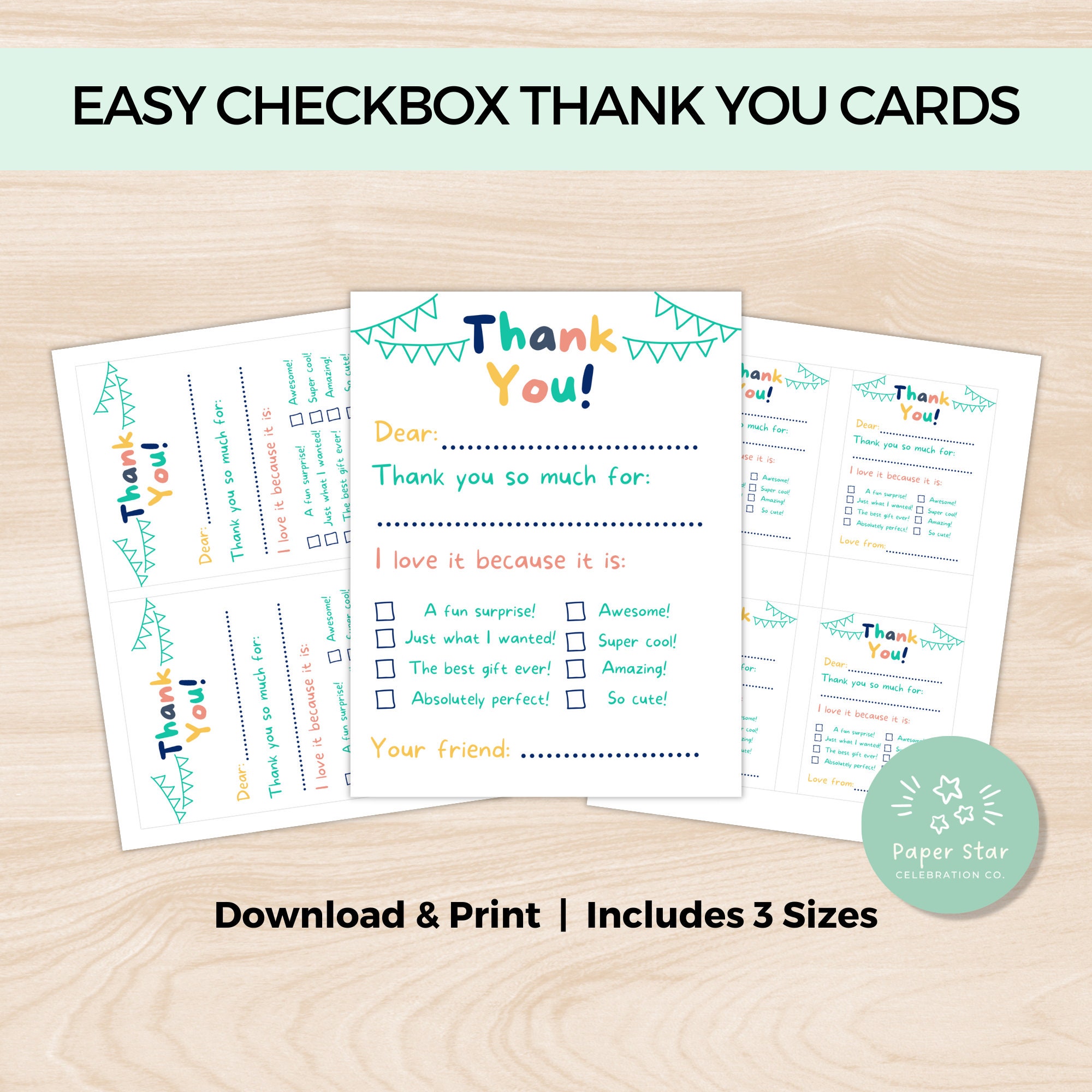 Easy Printable Fill-in Thank You Cards for Kids Cute Notecards for ...