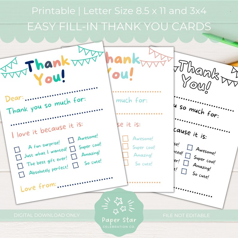 Easy Printable Fill-in Thank You Cards for Kids Cute - Etsy