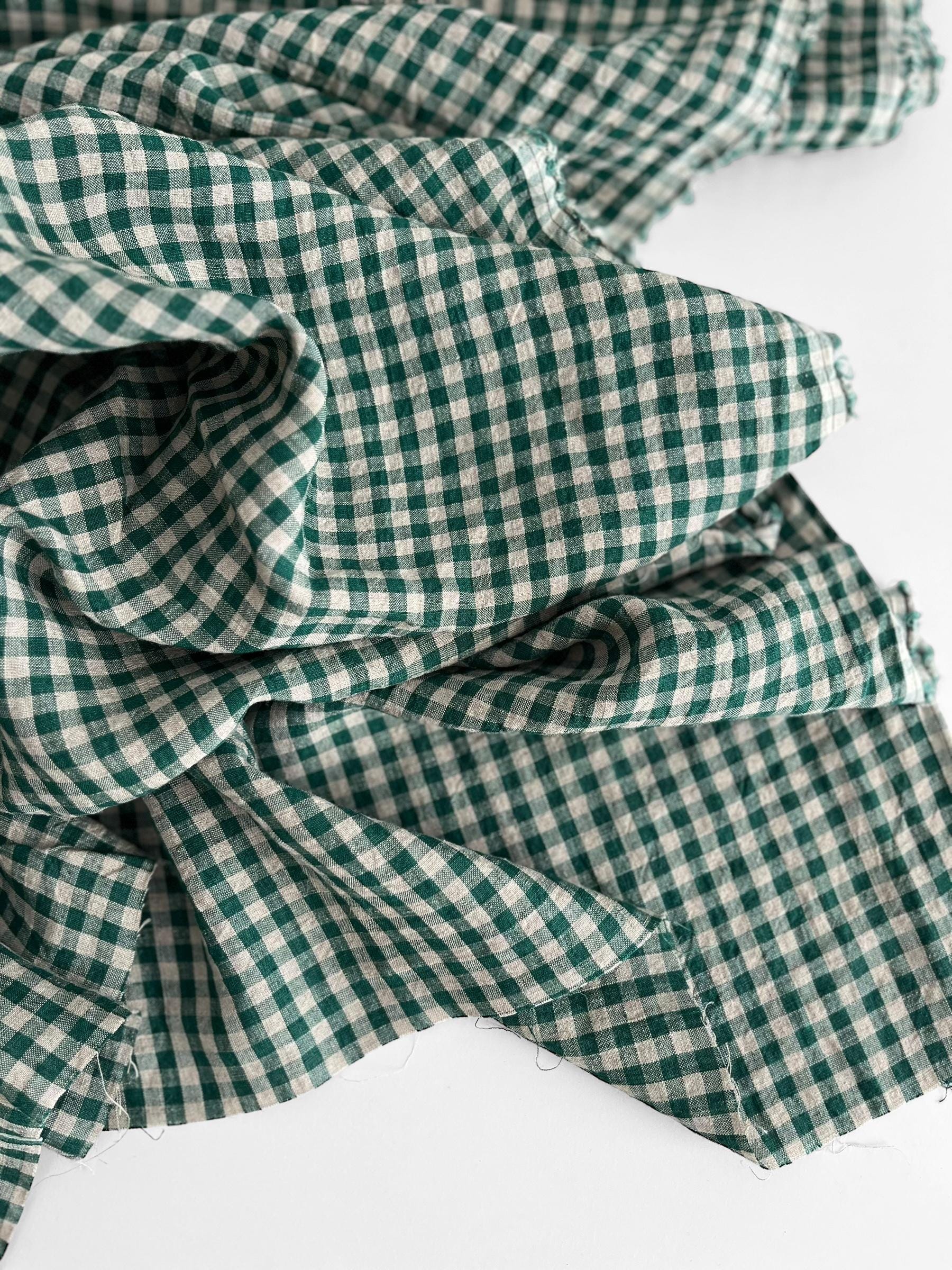 Gingham Linen Fabric: Pine Green Checked Linen, Soft Washed OEKO-TEX ...