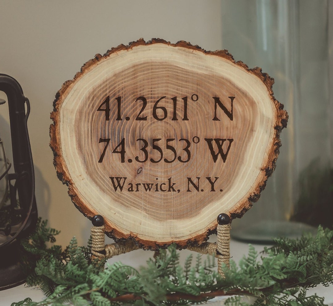 Compass Personalized Coordinate Sign - Engraved Wood Log- Housewarming ...