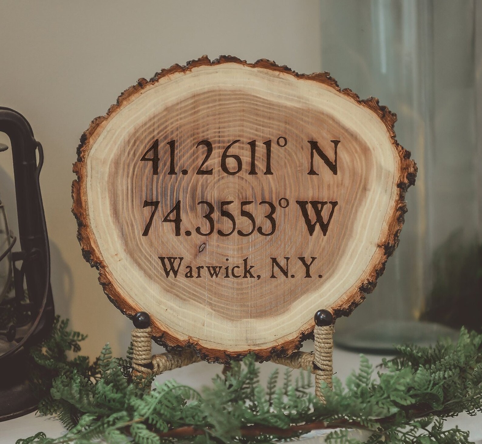 Engraved Wood Log - Personalized Coordinates Compass Sign, Rustic Home ...