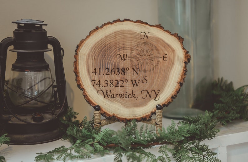 Engraved Wood Log - Personalized Coordinates Compass Sign, Rustic Home ...