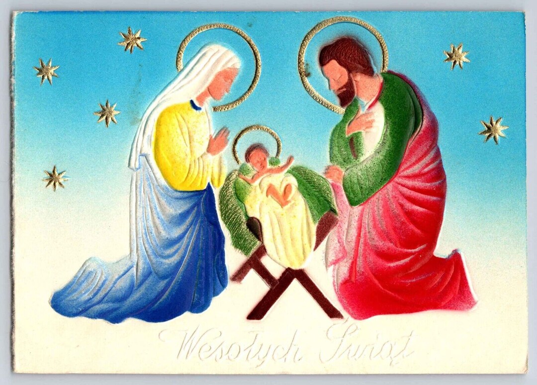 Vintage Polish Card Wesolych Swiat (merry Christmas) Mary,joseph &baby ...