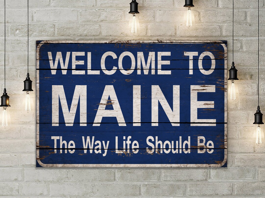 Welcome to Maine Rustic Flag Stretched Canvas Print Wall Plaque Decor ...