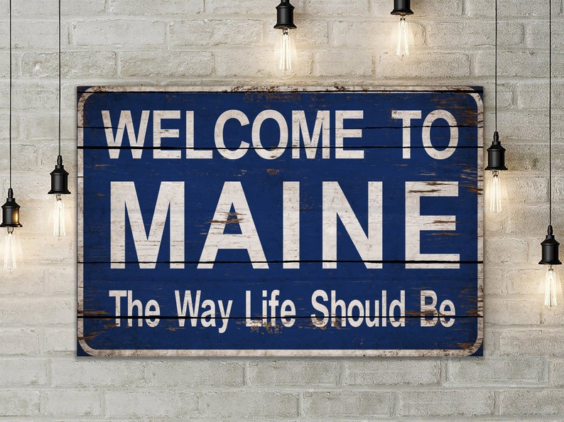 Welcome to Maine Rustic Flag Stretched Canvas Print Wall Plaque Decor ...