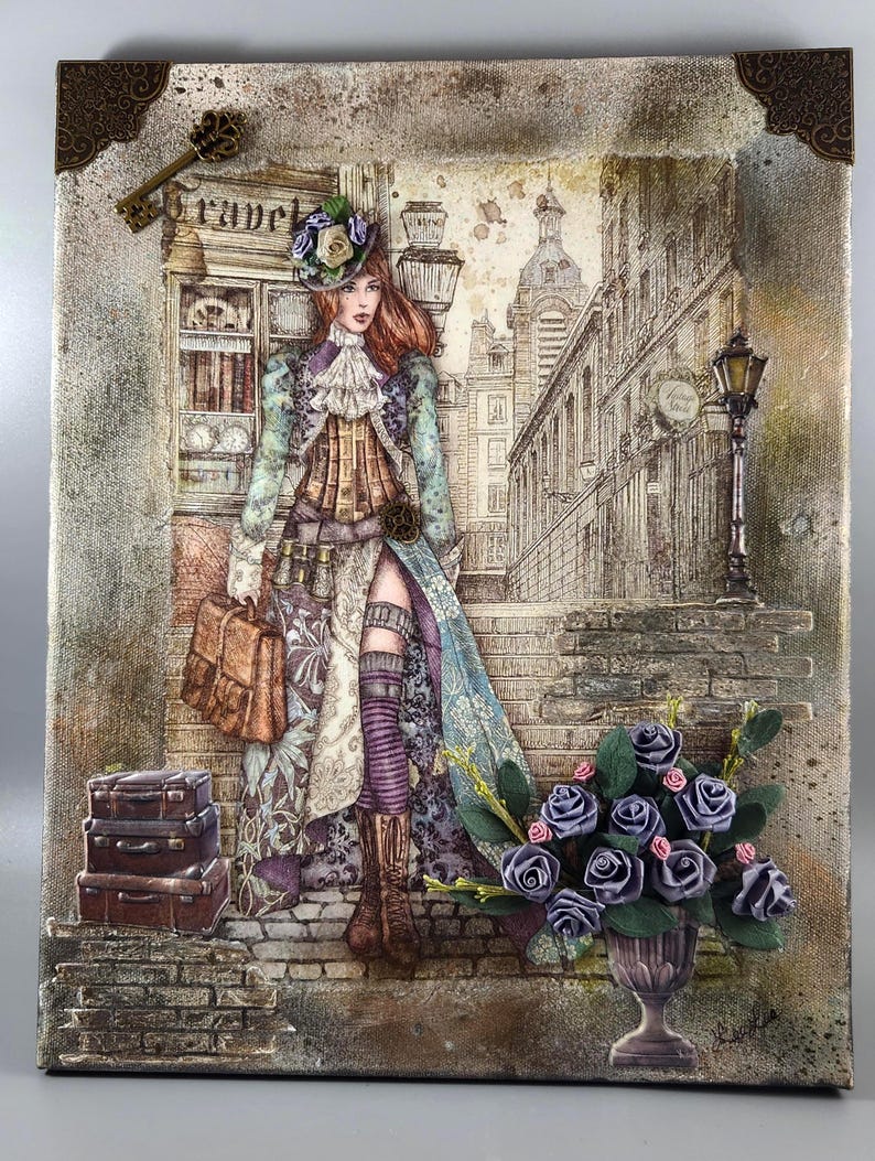 Mixed Media Steampunk Canvas, Wall Decor, Decoupaged, Rice Paper ...