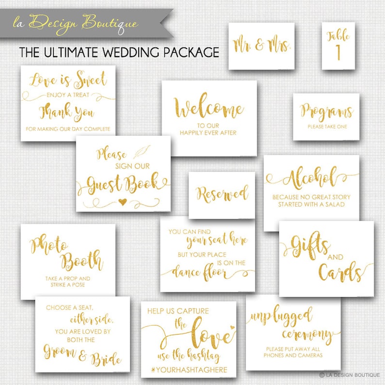 Wedding Signs Package Gold Calligraphy Print Art Glitter Chalkboard ...
