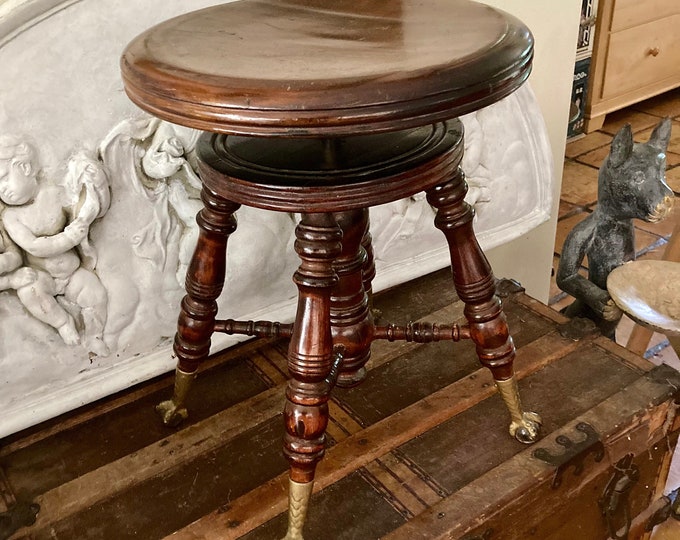 Vintage Round Wood Oak Piano Stool With Glass Ball Claw Feet and ...