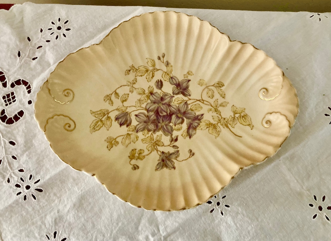 Antique Fluted Porcelain Dish With Purple Flowers and Gold Leaves ...