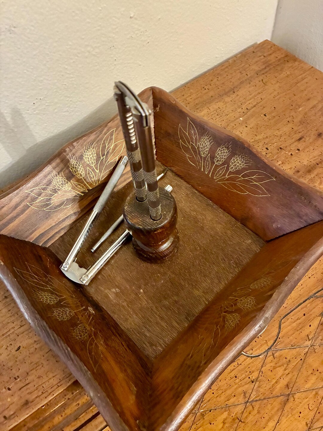 Vintage Wooden Nut Bowl Set With Inlaid Design – 2 Nutcrackers & Pick ...