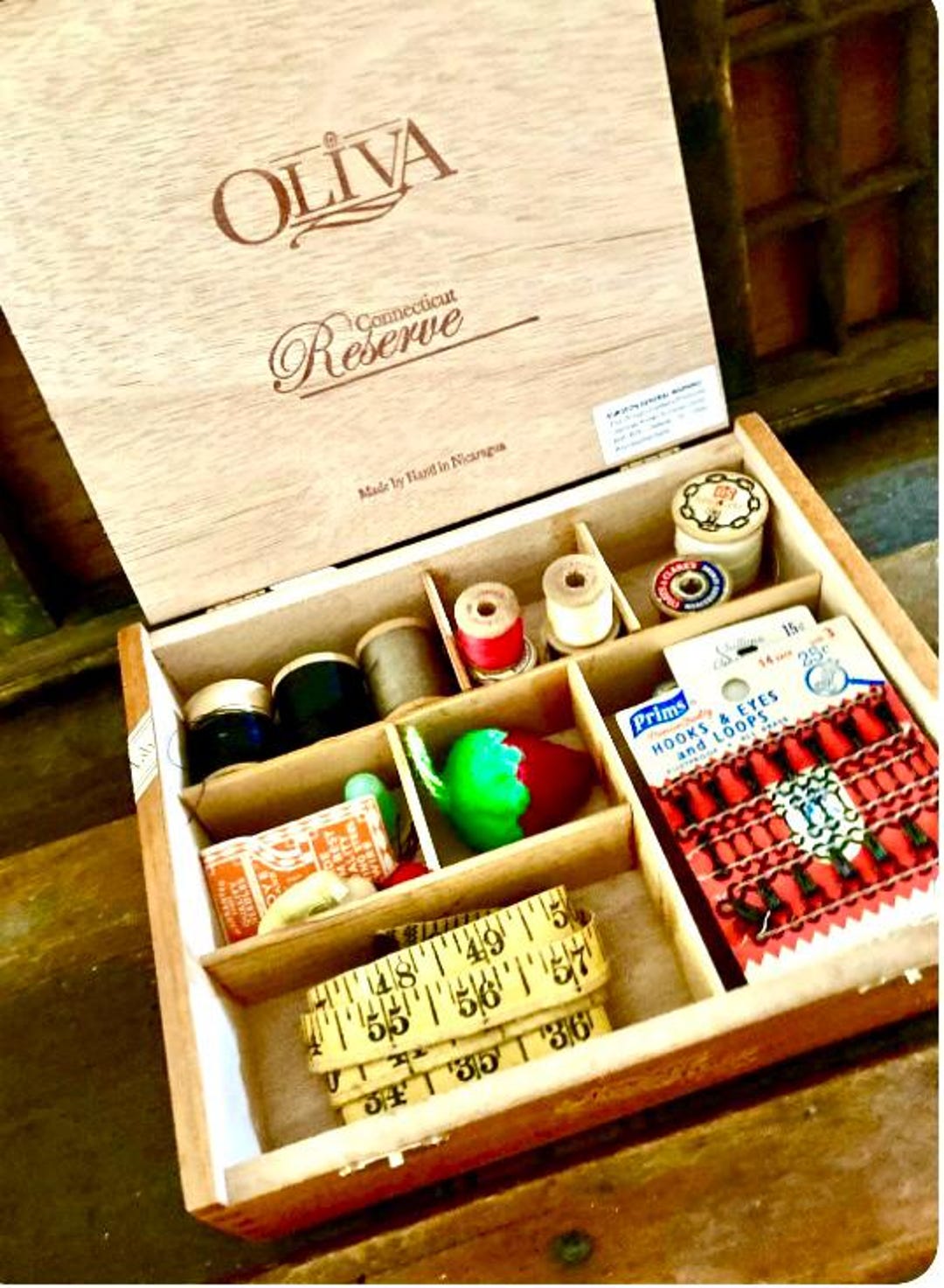 Upcycled Sewing Shadow Box – Vintage Oliva Cigar Box With Notions - Etsy