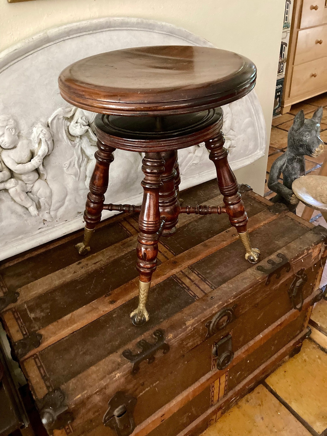 Vintage Round Wood Oak Piano Stool With Glass Ball Claw Feet and ...