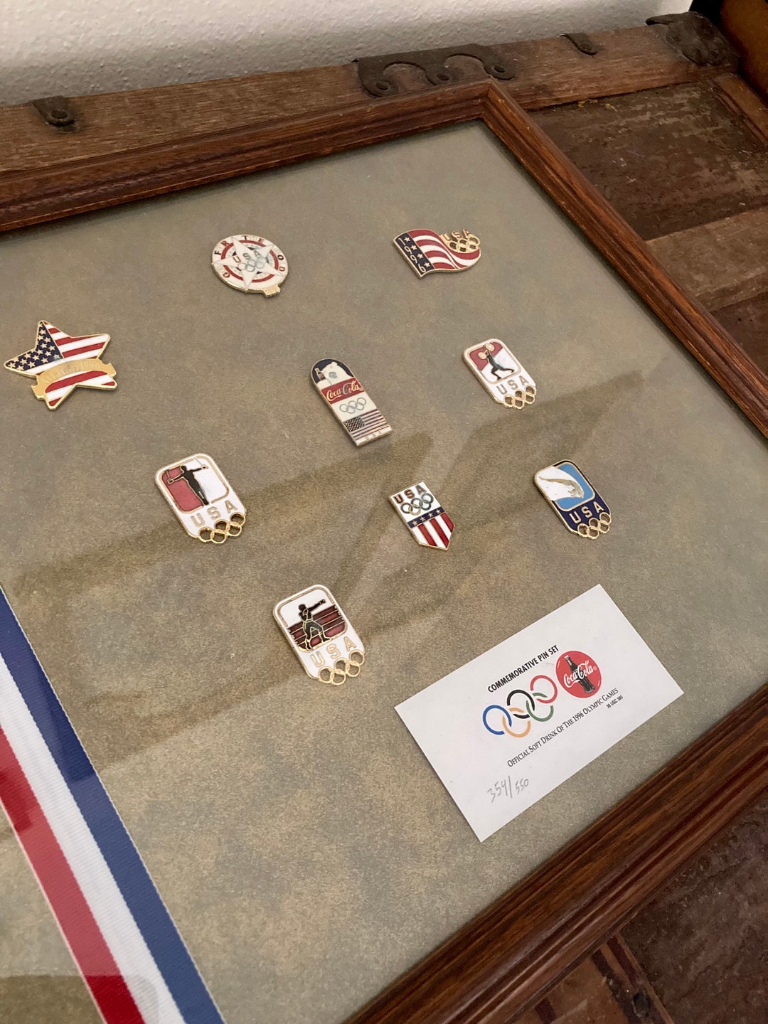 1996 Olympic Coca Cola 9 Pin Set, Framed 354/550 Commemorative Olympic ...