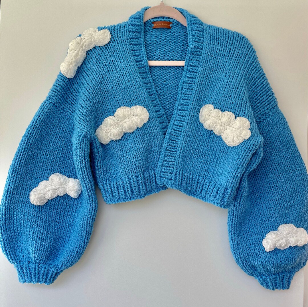 Hand Knitted Blue Cardigan With Clouds, Chunky Cardigan, Crop Cardigan ...