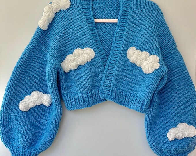 Hand Knitted Blue Cardigan With Clouds, Chunky Cardigan, Crop Cardigan ...
