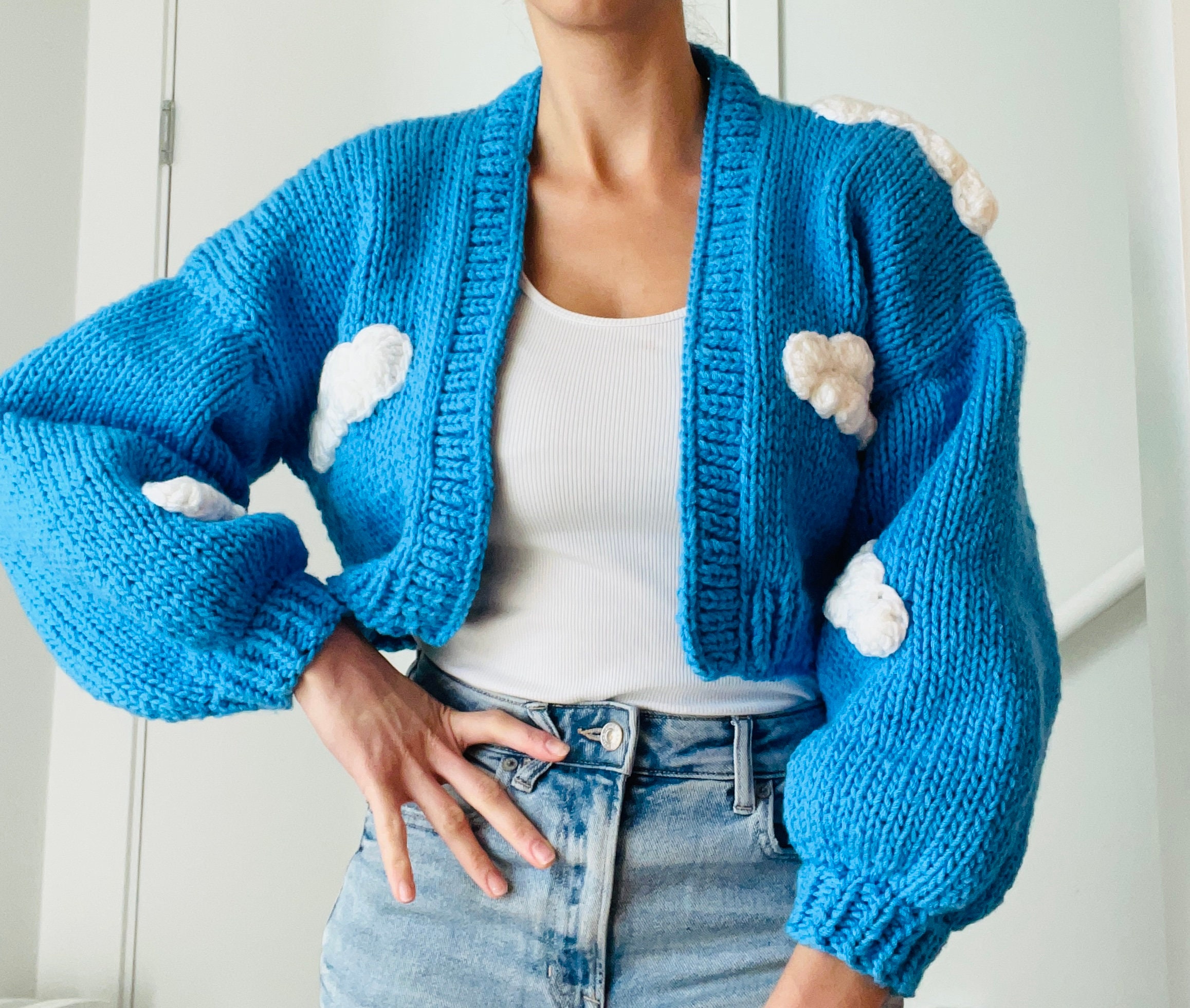 Hand Knitted Blue Cardigan With Clouds, Chunky Cardigan, Crop Cardigan ...