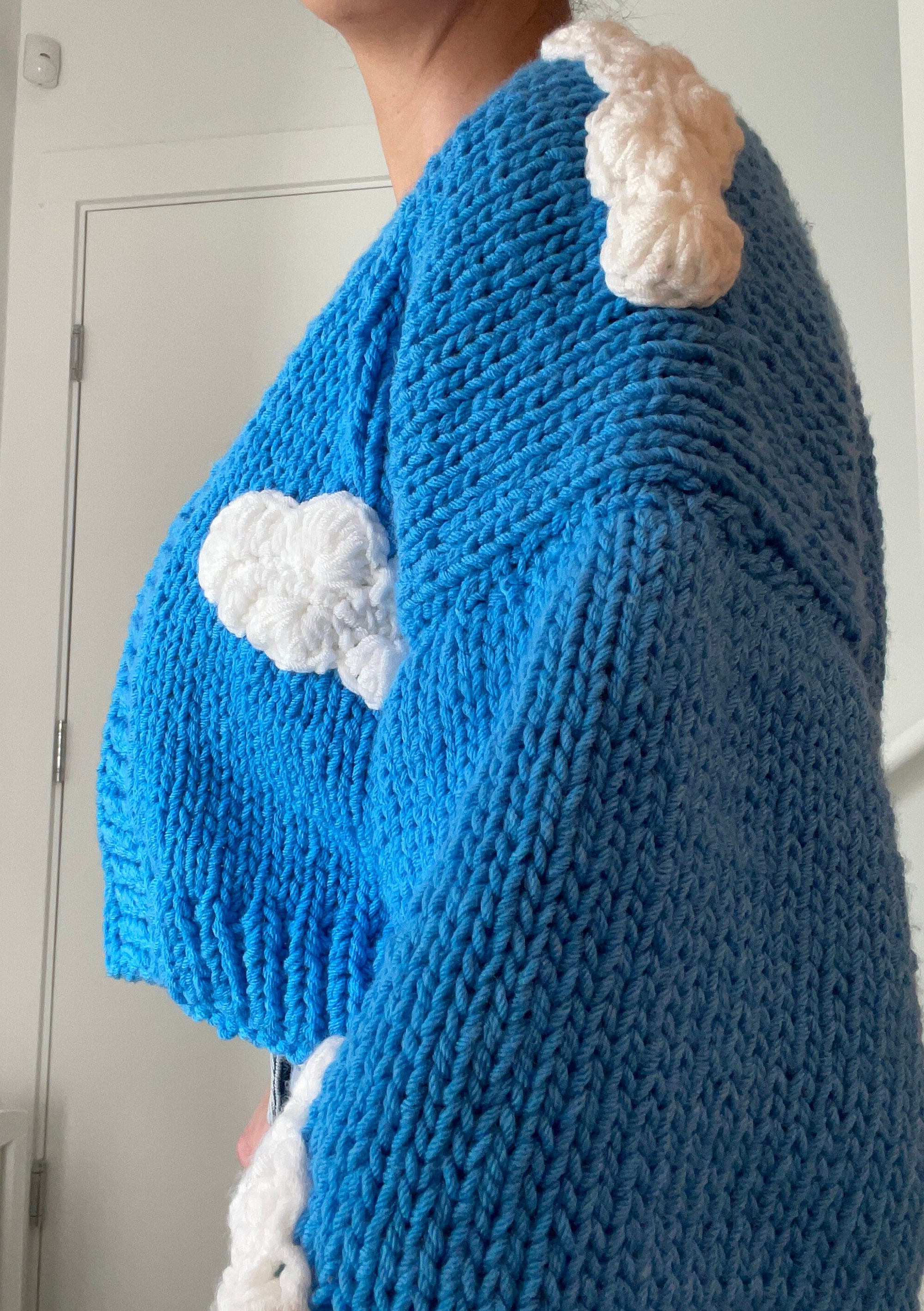 Hand Knitted Blue Cardigan With Clouds, Chunky Cardigan, Crop Cardigan ...