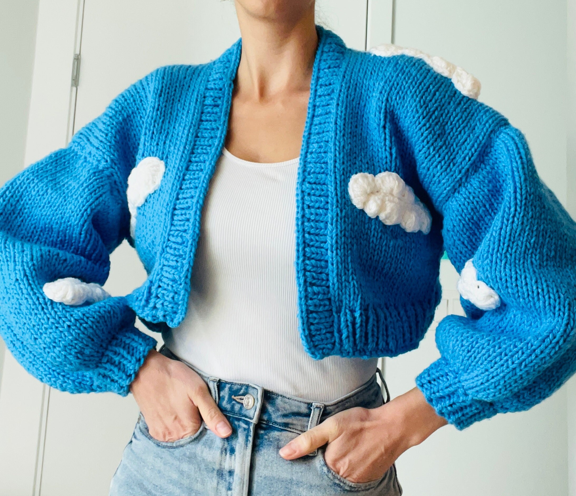 Hand Knitted Blue Cardigan With Clouds, Chunky Cardigan, Crop Cardigan ...