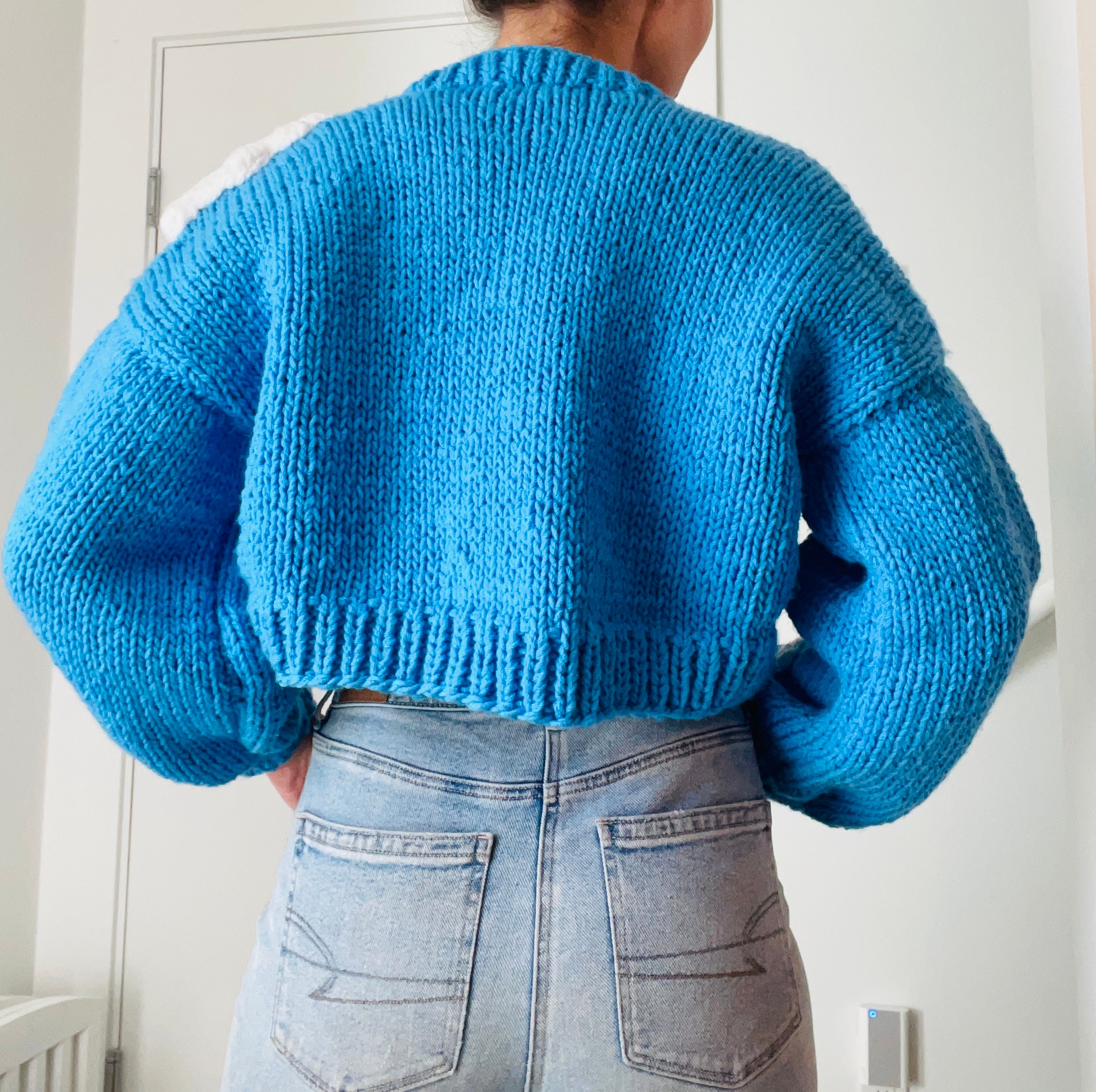 Hand Knitted Blue Cardigan With Clouds, Chunky Cardigan, Crop Cardigan ...