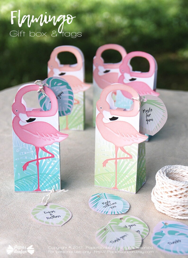 Flamingo Party Gift Box Printable, Flamingo Favor Bag + Editable Palm ...