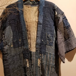 Edo-meiji Era Japanese Antique Boro Aizome Indigo Shima Sashiko Patchwork Farmer's Jacket ...