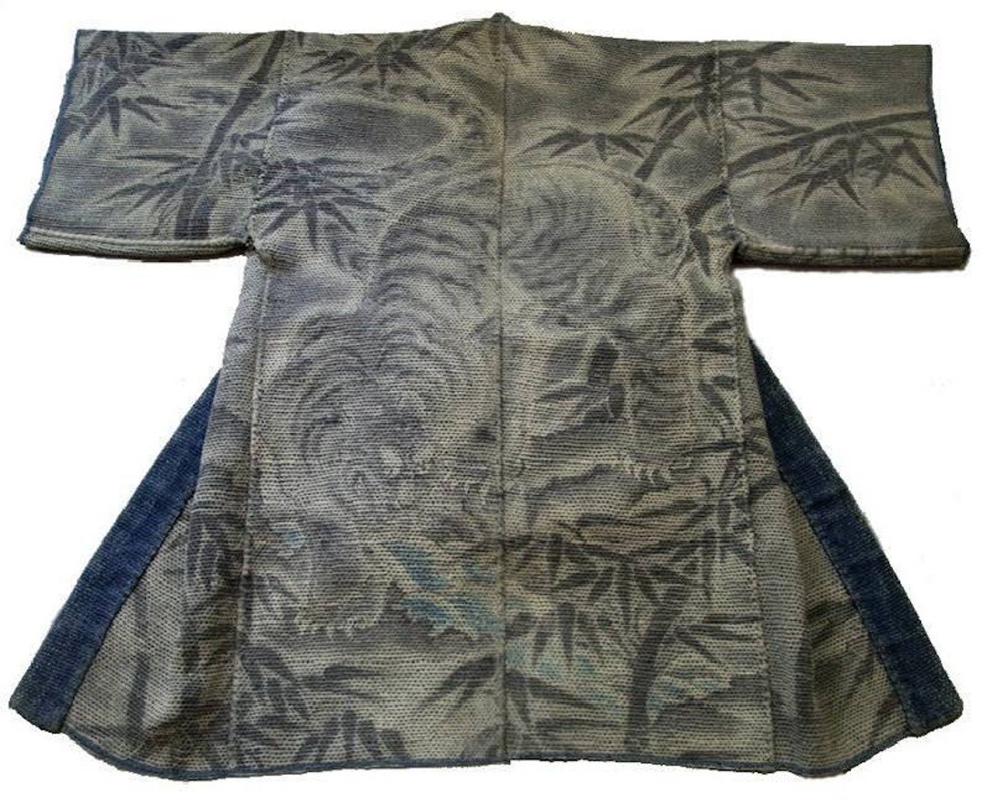 Antique Edo Period Sumi-e Bamboo and Tiger Painting Hikeshi Sashiko ...