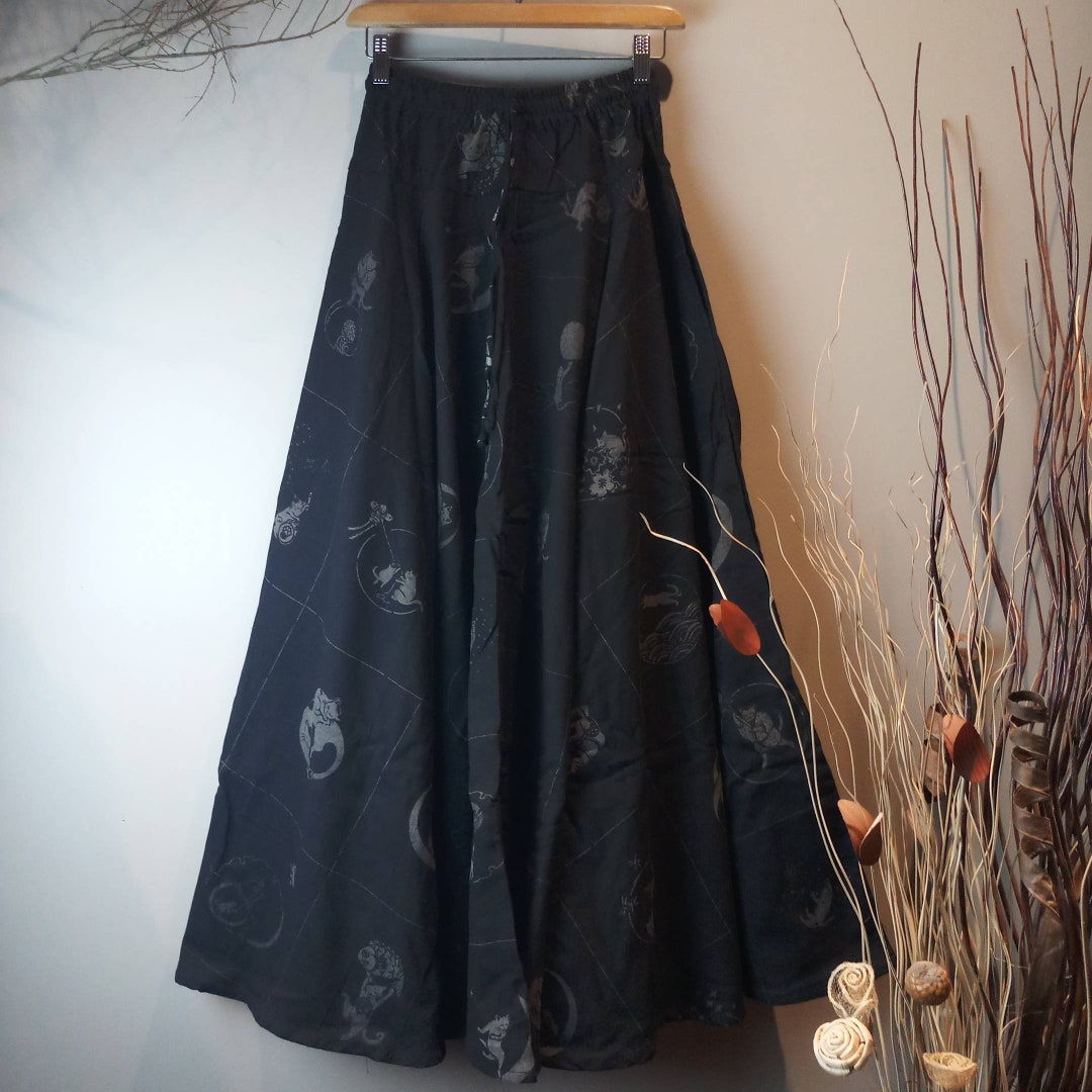 Black Samurai Cat Kamon 8 Panel Long Skirts - Etsy