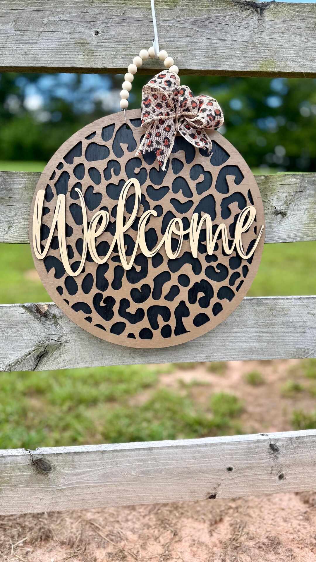 Leopard Print Welcome Sign | Rustic Animal Print Door Hanger | Handmade ...